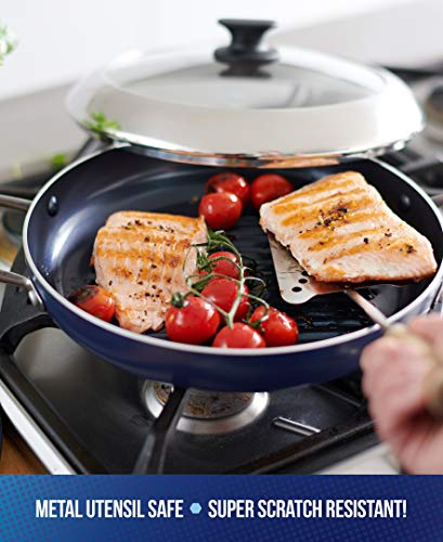 Blue Diamond 11" Grill Genie Pan, Diamond Infused Ceramic Nonstick with Lid, PFOA and PFAS-Free, Dishwasher & Oven Safe, Durable Cookware for Indoor Grilling, Searing, Versatile Cooking, Blue