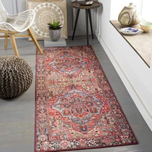 Livabliss Reeta Printed Medallion Runner Area Rug,2'6" x 7'6",Bright Red/Wheat