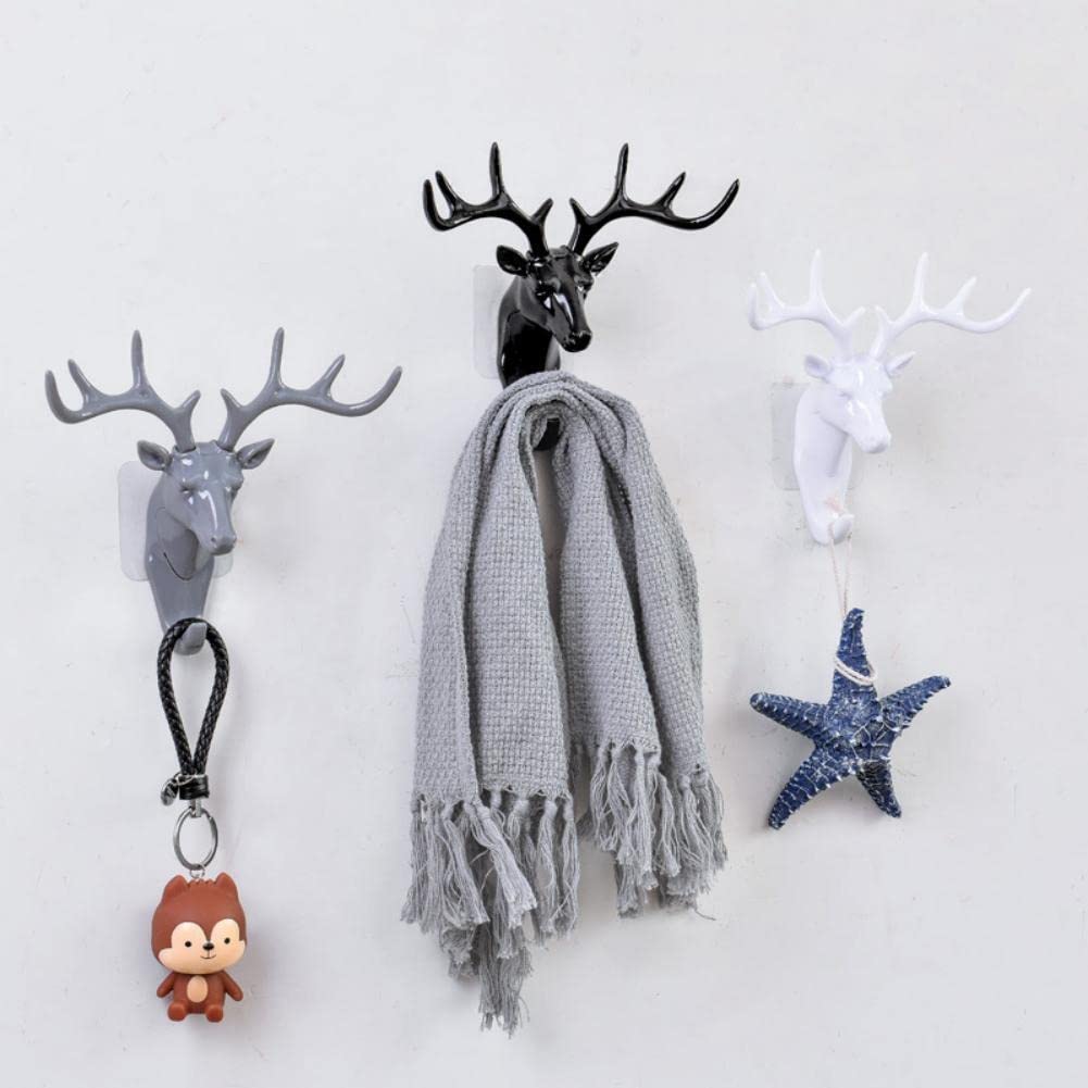 AUNMAS Deer Head Hooks, Self Adhesive Wall Hook Hanger Animals Reindeer Antler Rack Holder for Coat Hat Hanging Decorative Gift for Home or Office (Black)