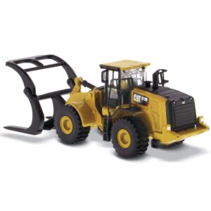 cat caterpillar 972m wheel loader with log fork and operator high line series 1/87 (ho) scale diecast model by diecast masters 85950