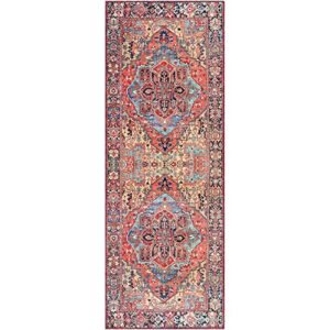 Livabliss Reeta Printed Medallion Runner Area Rug,2'6" x 7'6",Bright Red/Wheat