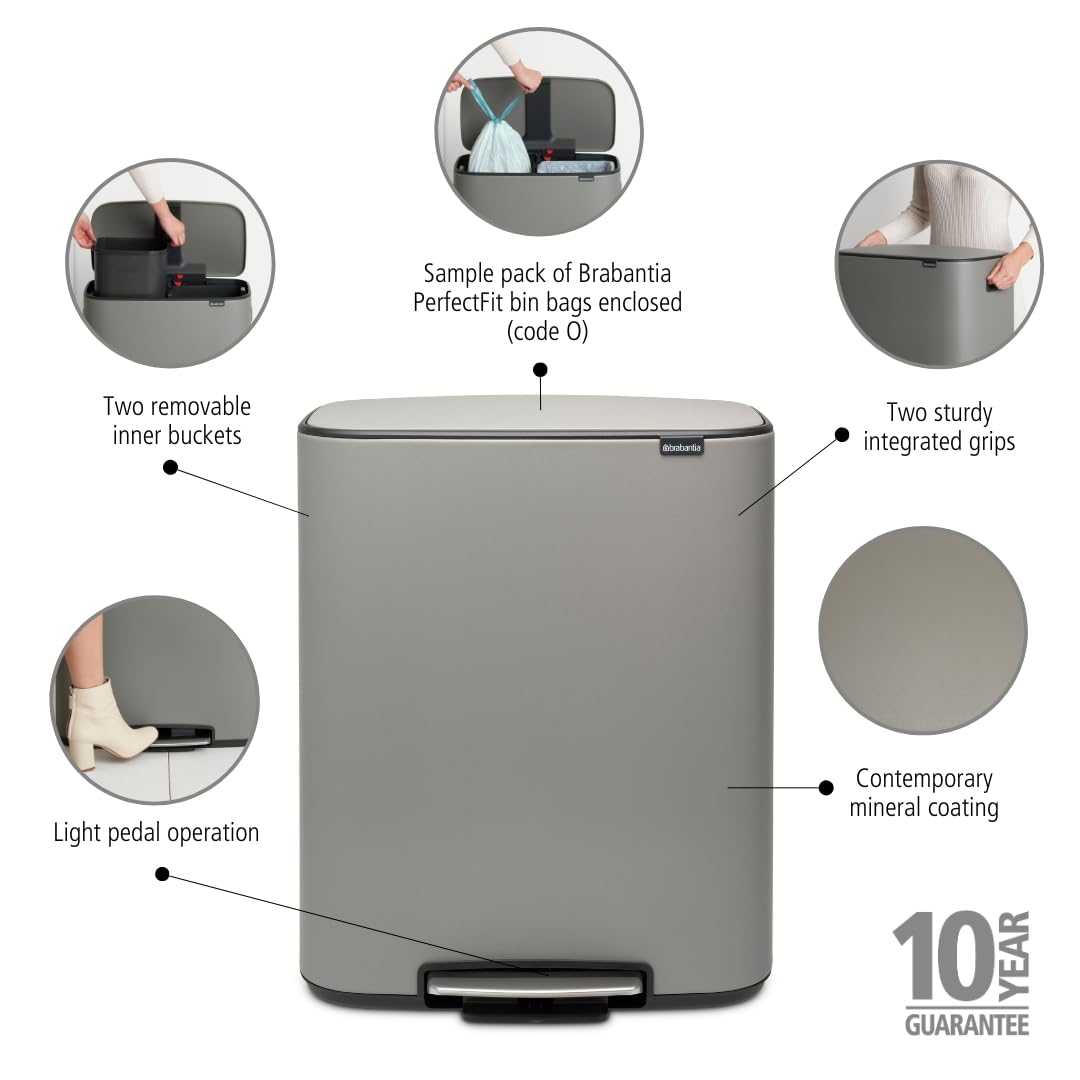 Brabantia Bo Step-On Pedal Trash Can - 16 Gal Inner Bucket (Mineral Concrete Gray) Waste/Recycling Garbage Can, Removable Compartment