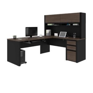 bestar connexion l-shaped desk with hutch and pedestal, 72w, antigua & black