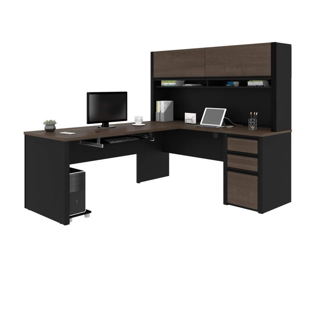 Bestar Connexion L-Shaped Desk with Hutch and Pedestal, 72W, Antigua & Black