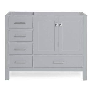 ariel 42" grey bathroom vanity base cabinet, right offset sink configuration, 2 soft closing doors, 9 full extension dovetail drawers, brushed nickel