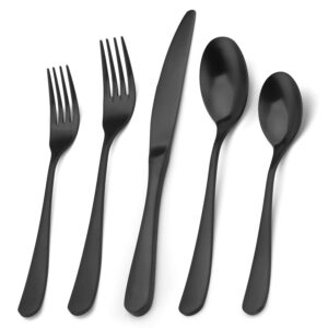 matte black silverware set, bysta 20-piece stainless steel flatware set, kitchen utensil set service for 4, tableware cutlery set for home and restaurant, satin finish, dishwasher safe