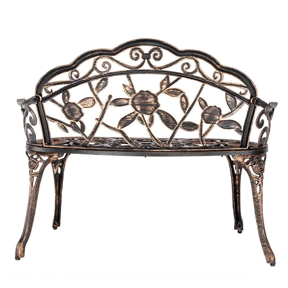 SSLine Garden Bench Outdoor Metal Benches Antique Bronze Patio Park Bench with Floral Rose Design 38" Yard Porch Loveseat Leisure Chair for Outdoor Clearance