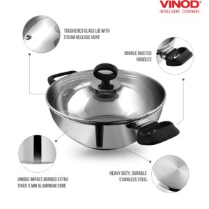 Vinod Deluxe Kadhai | Stainless Steel Wok | Tempered Glass Lid | Induction-Friendly| Sandwich Bottom | 20cm Capacity | 2 Liters(2.1 Quarts) |Multi-Use Pot| Suitable For Indian Cooking, Gravy, Stews