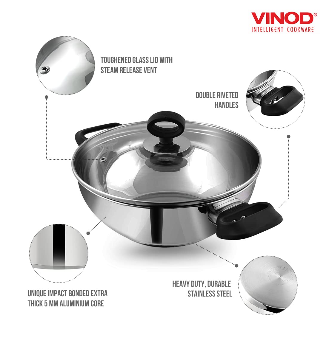 Vinod Deluxe Kadhai | Stainless Steel Wok | Tempered Glass Lid | Induction-Friendly| Sandwich Bottom | 20cm Capacity | 2 Liters(2.1 Quarts) |Multi-Use Pot| Suitable For Indian Cooking, Gravy, Stews