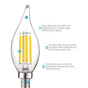 LUXRITE Vintage Candelabra LED Bulb 60W Equivalent, 550 Lumens, 3000K Soft White, LED Chandelier Light Bulbs 5W, Dimmable, Flame Tip Clear Glass, Filament LED Candle Bulbs, E12 Base (12 Pack)