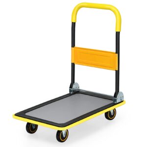 goplus folding platform cart, 330lbs rolling flatbed cart hand platform truck push dolly for loading, yellow