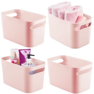 mdesign deep plastic bathroom bin with handles, storage organizer for vanity countertop, hold soap, body wash, shampoo, lotion, conditioner, hand towels - 10" long, aura collection, 4 pack, light pink