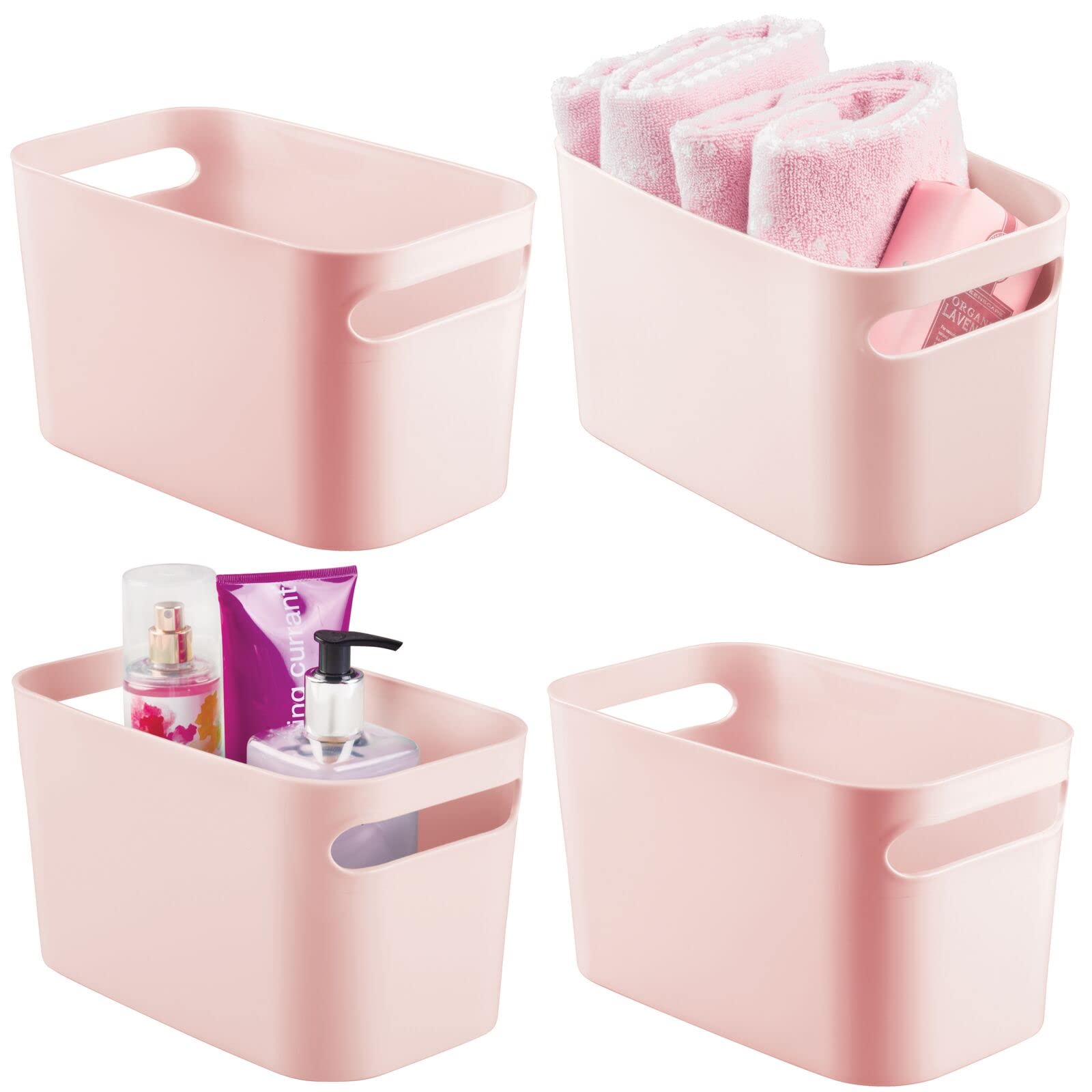 mDesign Deep Plastic Bathroom Bin with Handles, Storage Organizer for Vanity Countertop, Hold Soap, Body Wash, Shampoo, Lotion, Conditioner, Hand Towels - 10" Long, Aura Collection, 4 Pack, Light Pink