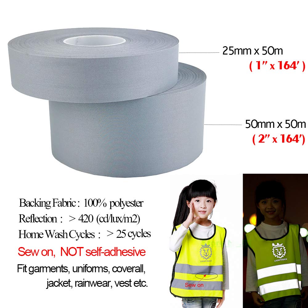 JINBING Sew On Silver Reflective Fabric Polyester Material DIY Tape for Clothing (1inch x 164feet)