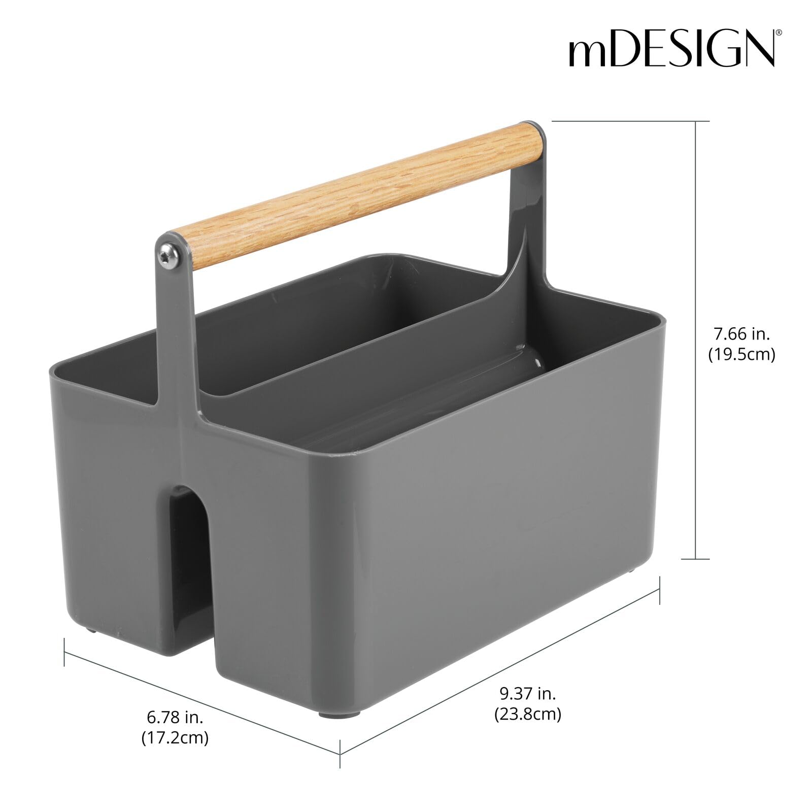 mDesign Plastic Portable Shower Caddy Divided Basket Bin Storage Organizer with Wood Handle for Bathroom Vanity, Dorm Shelf & Cabinet - Holds Shampoo, Conditioner - Aura Collection - Clear/Natural