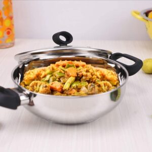 Vinod Deluxe Kadhai | Stainless Steel Wok | Tempered Glass Lid | Induction-Friendly| Sandwich Bottom | 20cm Capacity | 2 Liters(2.1 Quarts) |Multi-Use Pot| Suitable For Indian Cooking, Gravy, Stews