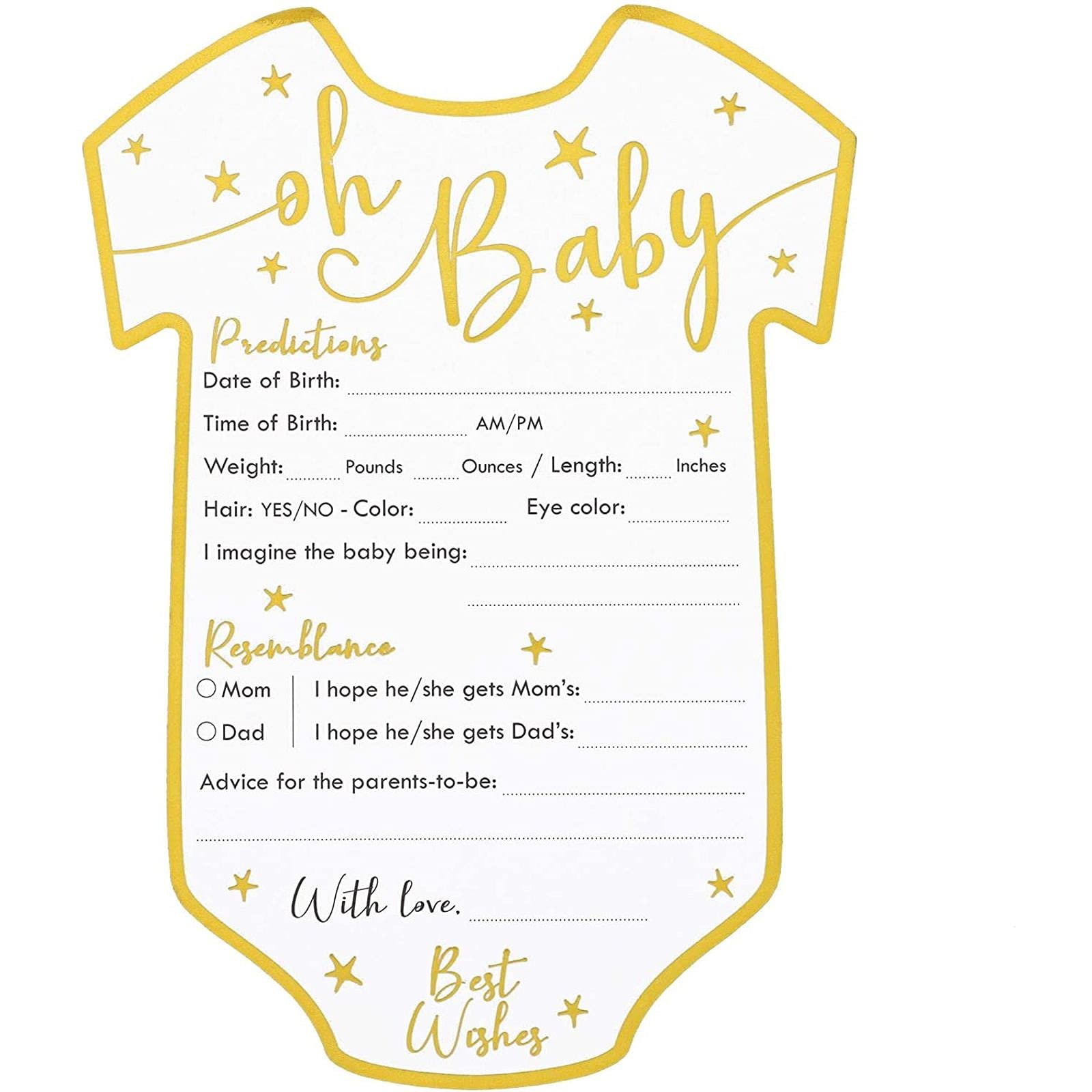 Baby Shower Predictions and Advice Cards, 50 Pack, Gold Foil, 5 x 7 in