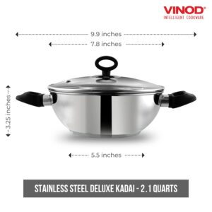 Vinod Deluxe Kadhai | Stainless Steel Wok | Tempered Glass Lid | Induction-Friendly| Sandwich Bottom | 20cm Capacity | 2 Liters(2.1 Quarts) |Multi-Use Pot| Suitable For Indian Cooking, Gravy, Stews