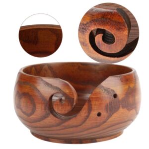 Wooden Yarn Bowl, Handmade Wood Craft Knitting Yarn Bowls with Holes Storage Knitting and Crocheting (5.1 x 2.8 inch)