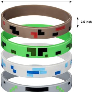 JOVITEC Pixelated Miner Style Character Wristband Bracelets Silicone Wristbands, Pixelated Theme Bracelet Designs for Mining Themed Style Party Supplies(24 Pieces,Style 1)