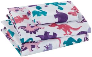 better home style multicolor pink blue purple dinosaurs design for girls/kids/teens 3 piece sheet set with pillowcase flat and fitted sheets # dinosaur land pink (twin)