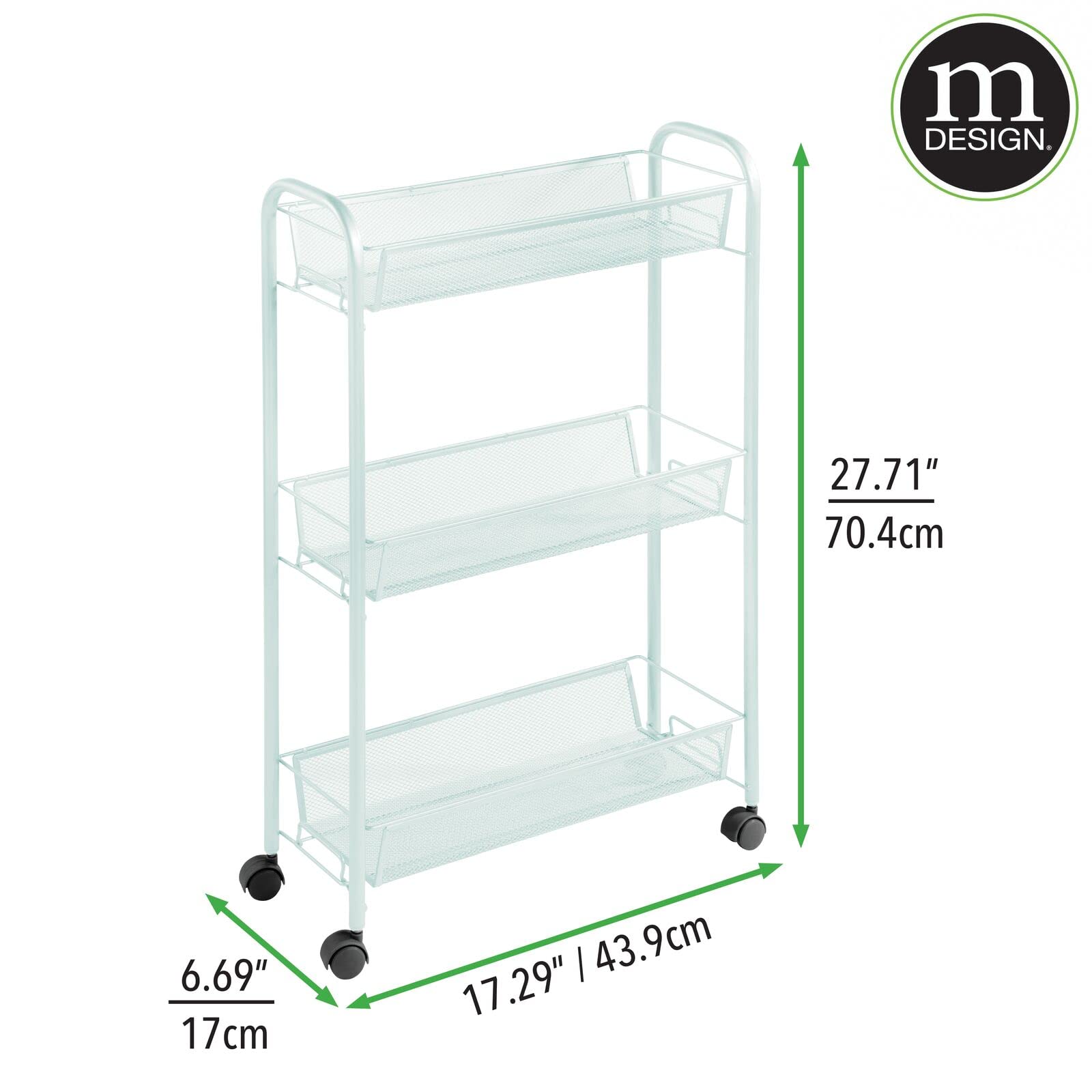 mDesign Steel Rolling Utility Cart Storage Organizer Trolley with 3 Basket Shelves for Laundry Room, Mudroom, Garage, Bathroom Organization - Holds Detergents, Hand Soap - Biro Collection, Mint Green