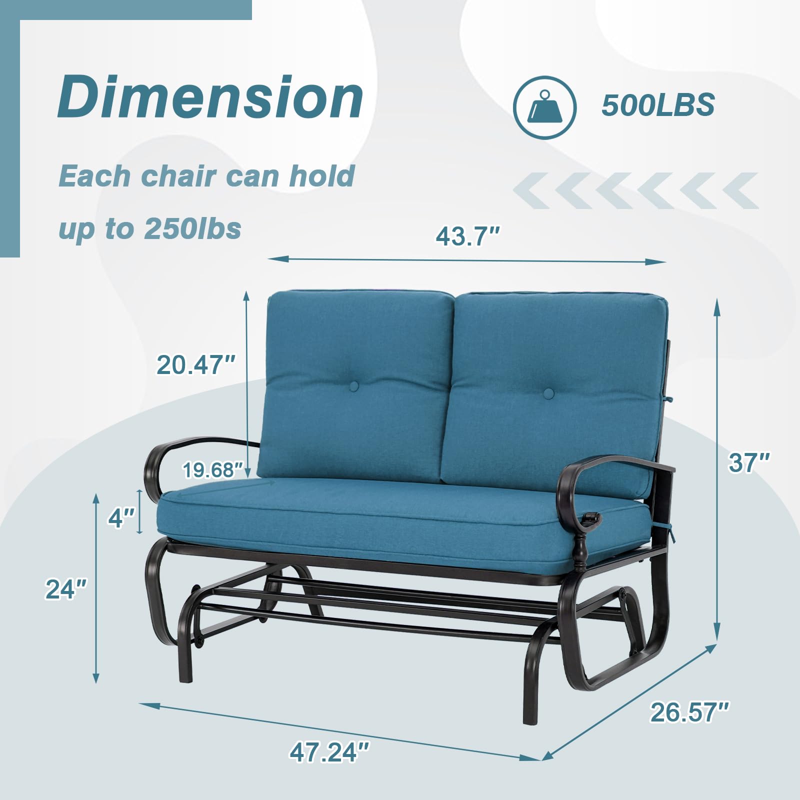 Oakmont Outdoor Glider Rocking Bench 2 Person Patio Loveseat Steel Frame Furniture Set for Patio, Garden, Yard, Porch with Resistant Cushions (Peacock Blue)