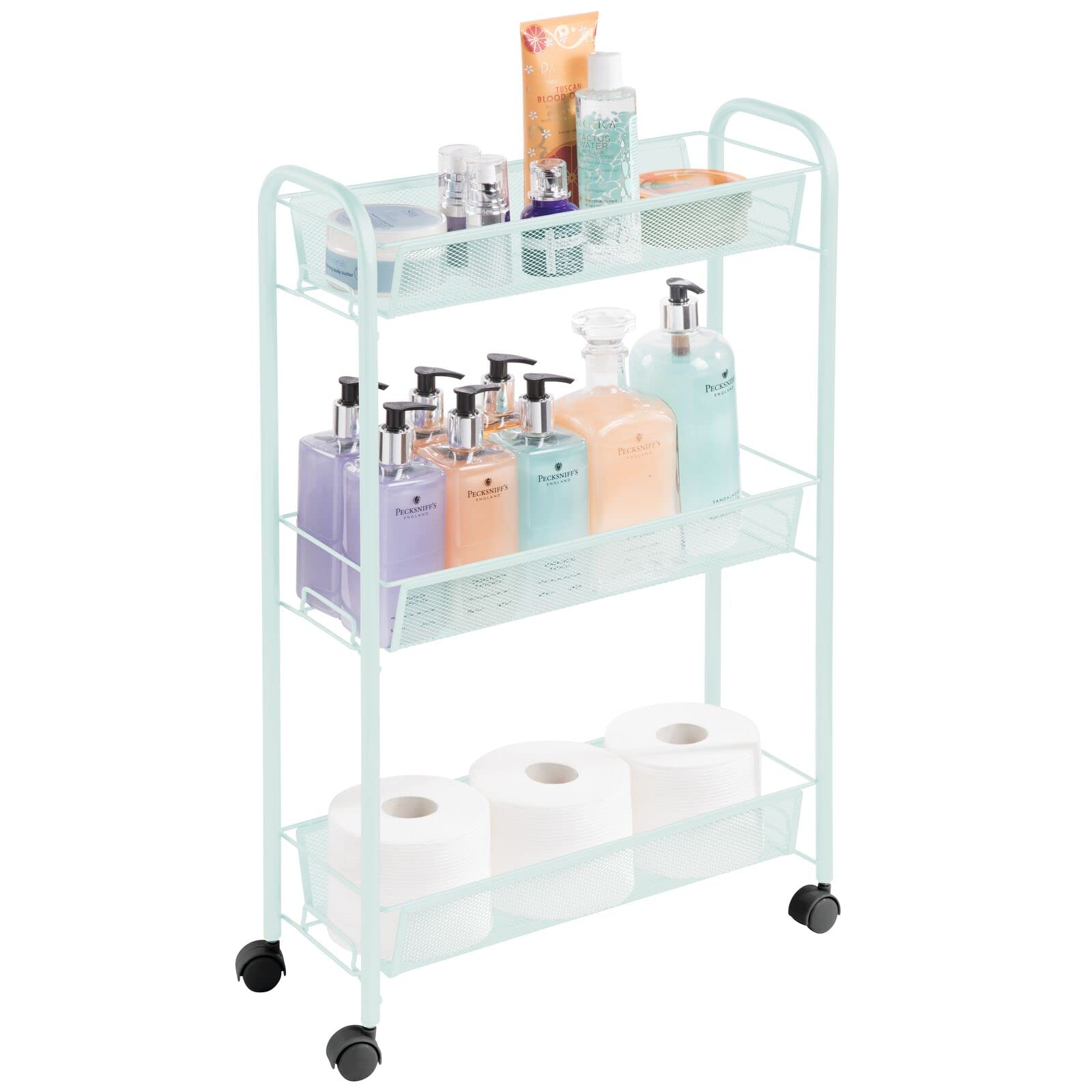 mDesign Steel Rolling Utility Cart Storage Organizer Trolley with 3 Basket Shelves for Laundry Room, Mudroom, Garage, Bathroom Organization - Holds Detergents, Hand Soap - Biro Collection, Mint Green