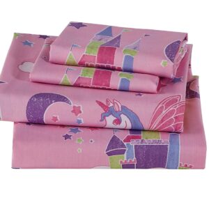 Better Home Style Pink Girls/Kids 4 Piece Sheet Set with Unicorns Castles and Rainbows in Magical Lands Includes Pillowcases Flat and Fitted Sheets # Unicorn Castle Lavender (Queen)