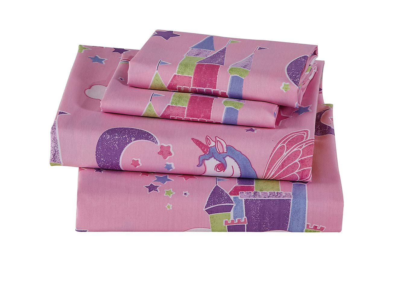 Better Home Style Pink Girls/Kids 4 Piece Sheet Set with Unicorns Castles and Rainbows in Magical Lands Includes Pillowcases Flat and Fitted Sheets # Unicorn Castle Lavender (Queen)