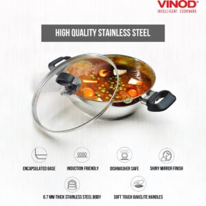 Vinod Deluxe Kadhai | Stainless Steel Wok | Tempered Glass Lid | Induction-Friendly| Sandwich Bottom | 20cm Capacity | 2 Liters(2.1 Quarts) |Multi-Use Pot| Suitable For Indian Cooking, Gravy, Stews