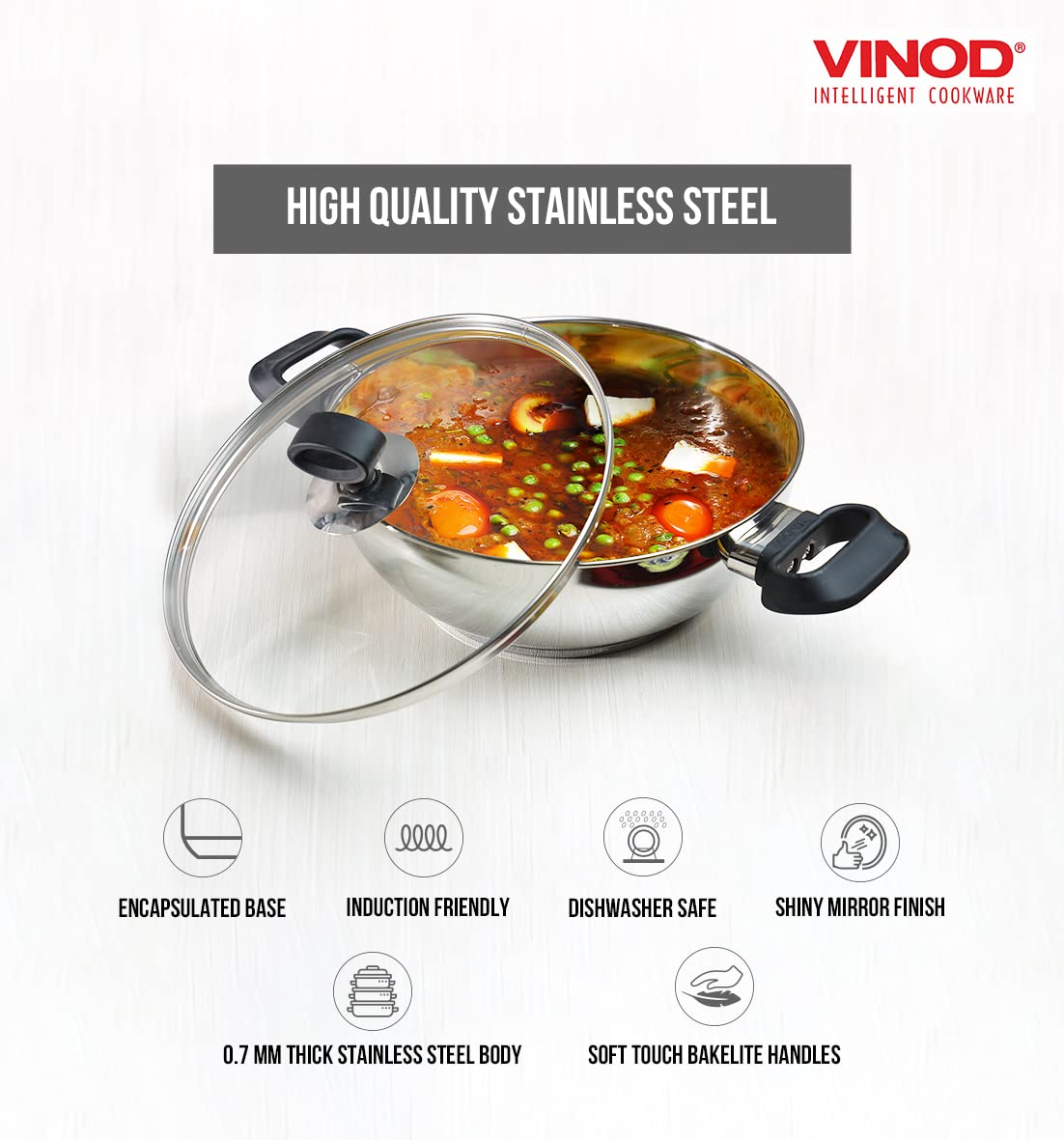 Vinod Deluxe Kadhai | Stainless Steel Wok | Tempered Glass Lid | Induction-Friendly| Sandwich Bottom | 20cm Capacity | 2 Liters(2.1 Quarts) |Multi-Use Pot| Suitable For Indian Cooking, Gravy, Stews