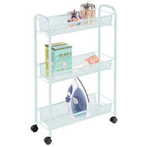 mdesign steel rolling utility cart storage organizer trolley with 3 basket shelves for laundry room, mudroom, garage, bathroom organization - holds detergents, hand soap - biro collection, mint green