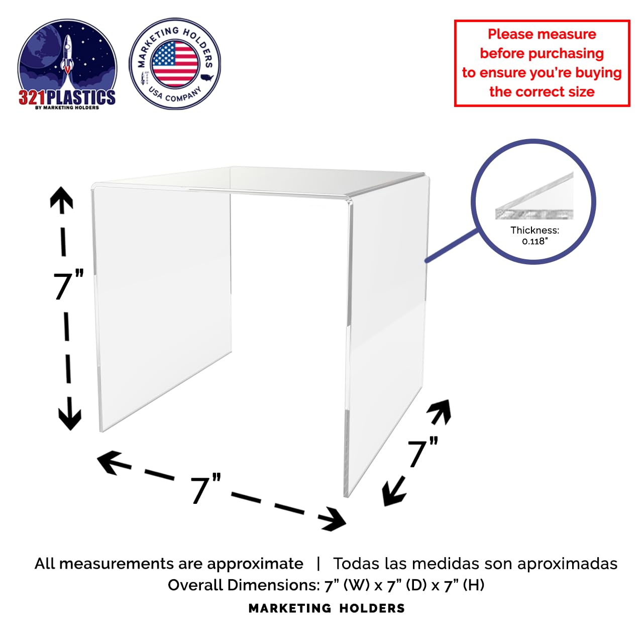 Marketing Holders 4 Pack Clear Acrylic Riser Stand 7" POP Display Retail Products Bench Plexiglass Merchandising One Piece See Through Podium Showcase Counter or Tabletop Decor Platform