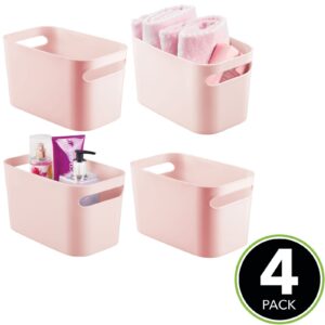 mDesign Deep Plastic Bathroom Bin with Handles, Storage Organizer for Vanity Countertop, Hold Soap, Body Wash, Shampoo, Lotion, Conditioner, Hand Towels - 10" Long, Aura Collection, 4 Pack, Light Pink