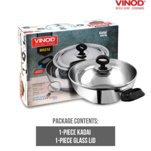 Vinod Deluxe Kadhai | Stainless Steel Wok | Tempered Glass Lid | Induction-Friendly| Sandwich Bottom | 20cm Capacity | 2 Liters(2.1 Quarts) |Multi-Use Pot| Suitable For Indian Cooking, Gravy, Stews