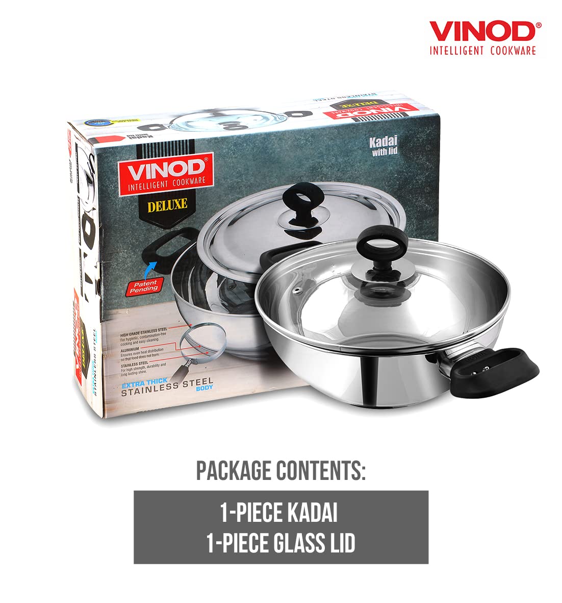 Vinod Deluxe Kadhai | Stainless Steel Wok | Tempered Glass Lid | Induction-Friendly| Sandwich Bottom | 20cm Capacity | 2 Liters(2.1 Quarts) |Multi-Use Pot| Suitable For Indian Cooking, Gravy, Stews