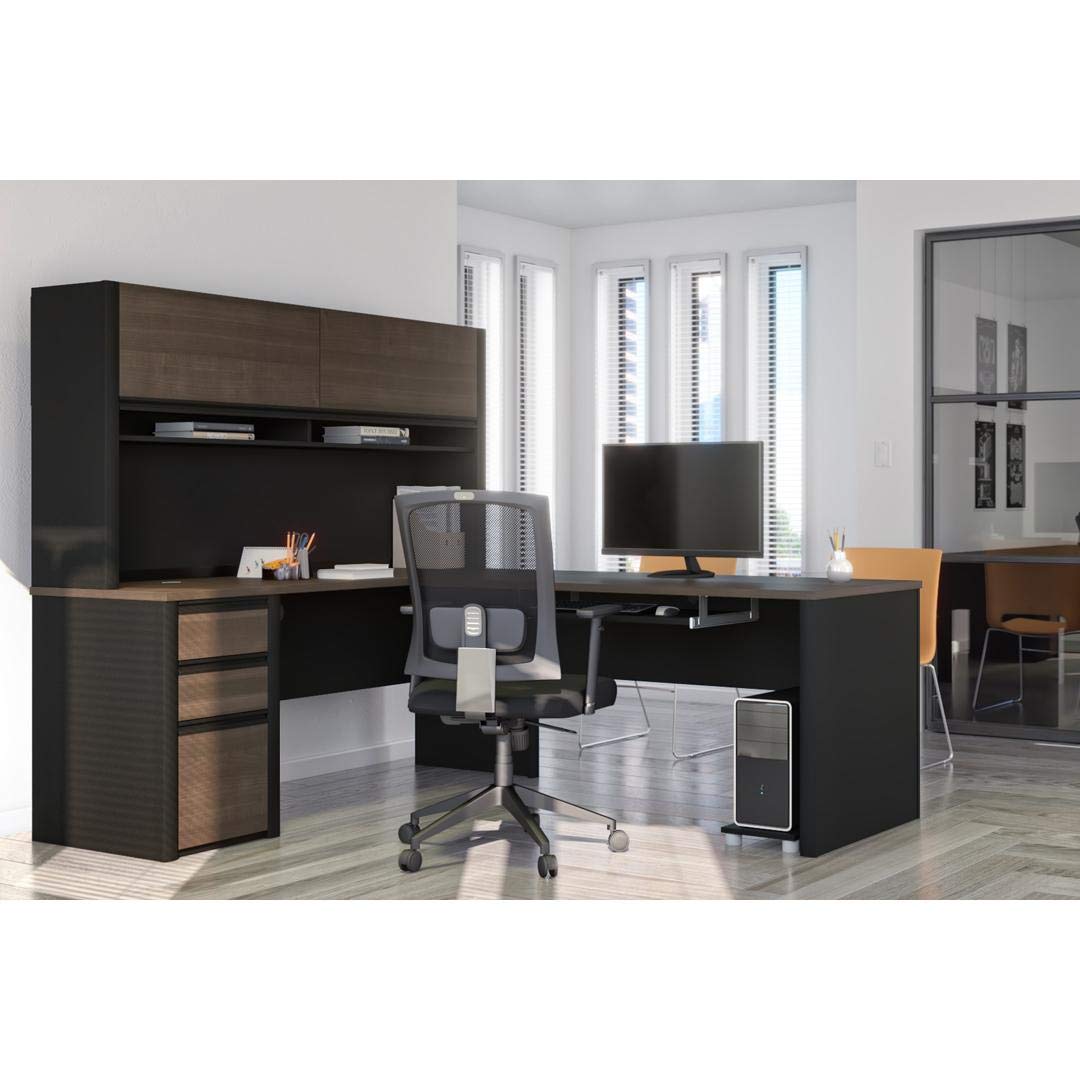 Bestar Connexion L-Shaped Desk with Hutch and Pedestal, 72W, Antigua & Black