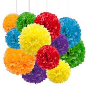 aimto 12pcs rainbow paper pom poms decorations for party ceiling wall hanging tissue flowers decorations - 6 colors of 12 inch, 10 inch