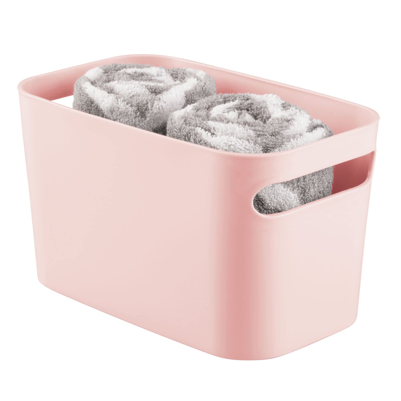 mDesign Deep Plastic Bathroom Bin with Handles, Storage Organizer for Vanity Countertop, Hold Soap, Body Wash, Shampoo, Lotion, Conditioner, Hand Towels - 10" Long, Aura Collection, 4 Pack, Light Pink