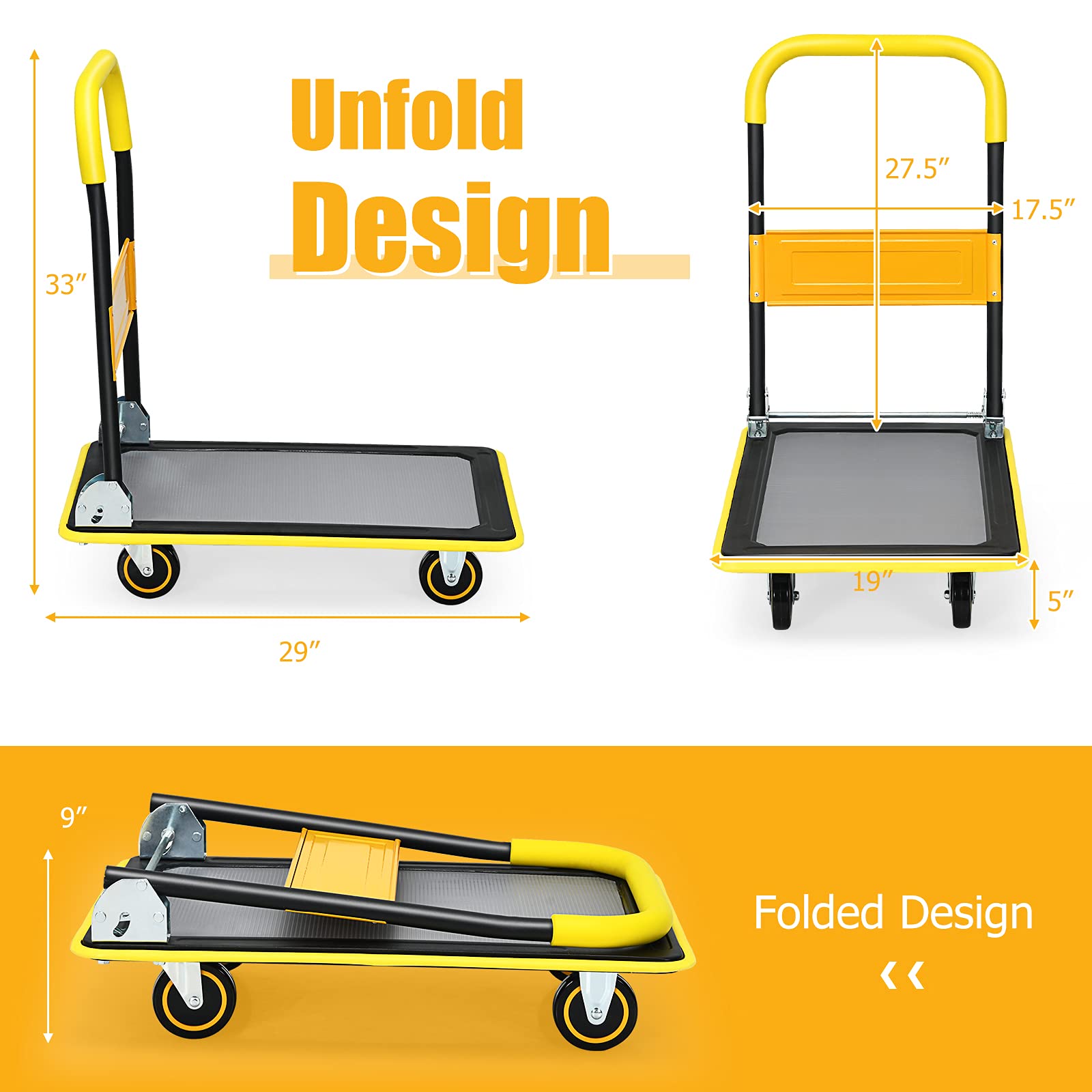 Goplus Folding Platform Cart, 330LBS Rolling Flatbed Cart Hand Platform Truck Push Dolly for Loading, Yellow