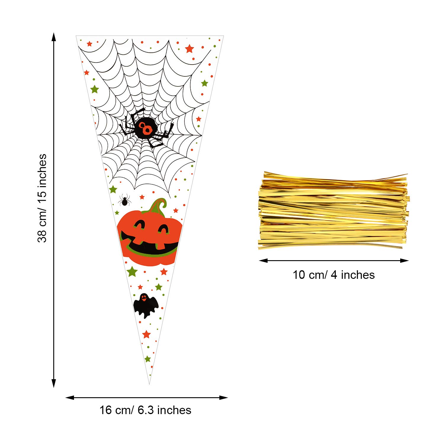 100 Pcs Halloween Cone Treat Bags 6 x 15 Inches Cellophane Clear Sweet Candy Bags Triangle Cones Popcorn Bags Plastic Pumpkin Spider Bags with Twist Ties for Halloween Easter Birthday Party Supplies