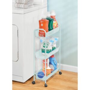 mDesign Steel Rolling Utility Cart Storage Organizer Trolley with 3 Basket Shelves for Laundry Room, Mudroom, Garage, Bathroom Organization - Holds Detergents, Hand Soap - Biro Collection, Mint Green