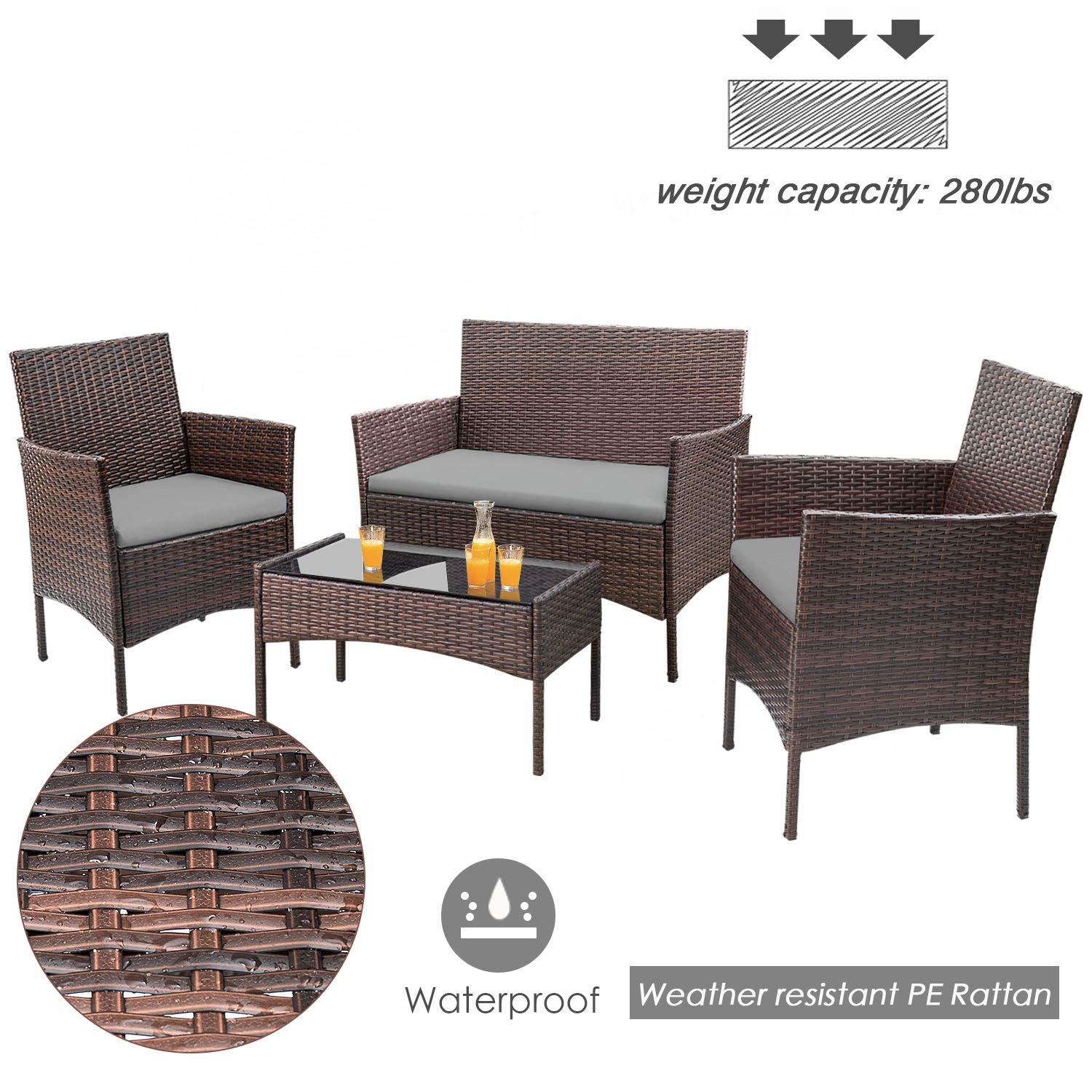 Homall 4 Pieces Patio Rattan Chair Wicker, Outdoor Indoor Use Backyard Porch Garden Poolside Balcony Furniture Sets (Grey)