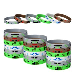 jovitec pixelated miner style character wristband bracelets silicone wristbands, pixelated theme bracelet designs for mining themed style party supplies(24 pieces,style 1)