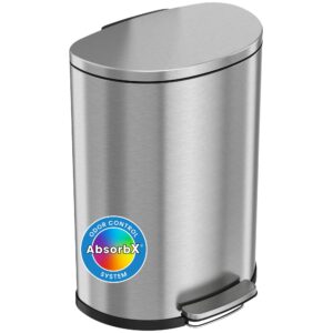 itouchless 13.2 gallon step trash can with odor control system stainless steel, semi-round, 50 liter garbage bin for kitchen, office, home-silent and gentle open/close, space saving, softstep 13 gal