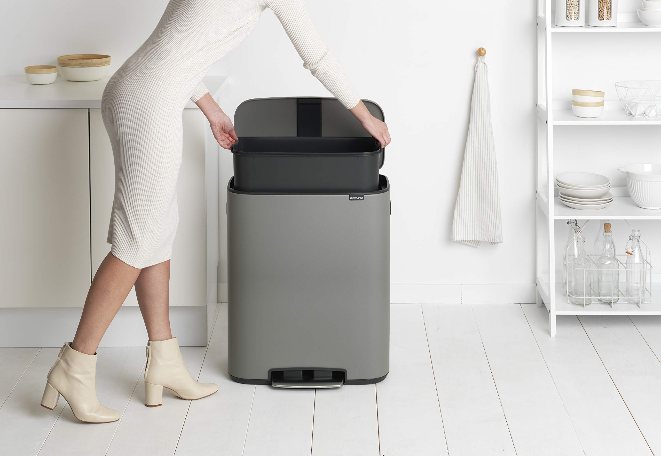 Brabantia Bo Step-On Pedal Trash Can - 16 Gal Inner Bucket (Mineral Concrete Gray) Waste/Recycling Garbage Can, Removable Compartment