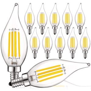 luxrite vintage candelabra led bulb 60w equivalent, 550 lumens, 3000k soft white, led chandelier light bulbs 5w, dimmable, flame tip clear glass, filament led candle bulbs, e12 base (12 pack)