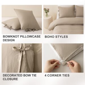 MUKKA Duvet Cover Queen Size 3 Pieces Sets Beige Boho Chic, Tan Khaki Farmhouse Bowknot, Sand Soft & Easy Care Washed Microfiber Cream Bohemian Bedding Sets with Ties