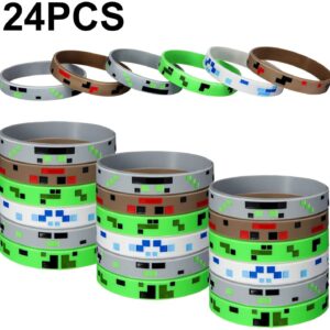 JOVITEC Pixelated Miner Style Character Wristband Bracelets Silicone Wristbands, Pixelated Theme Bracelet Designs for Mining Themed Style Party Supplies(24 Pieces,Style 1)